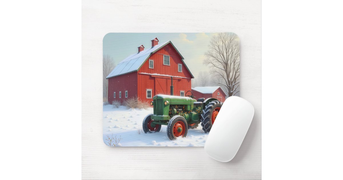 Christmas Green Tractor By a Red Barn Mouse Pad | Zazzle