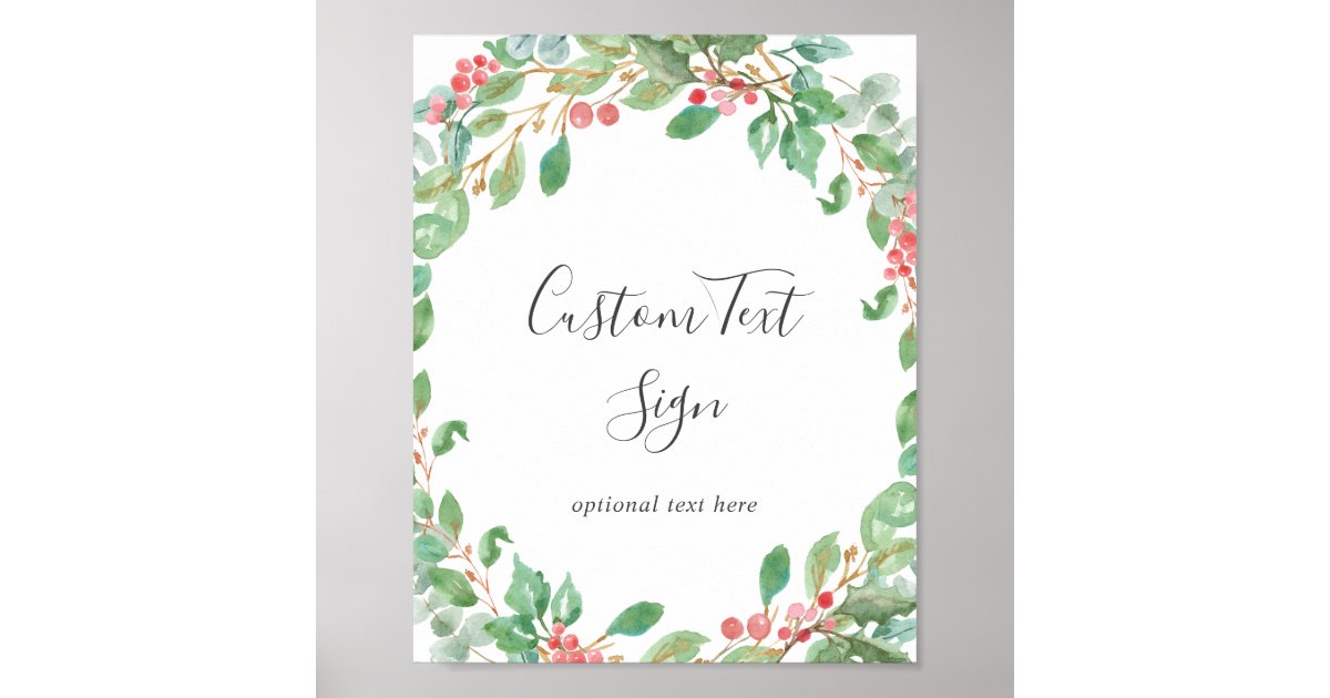 Christmas Greenery & Berry Wreath Custom Text Sign | Zazzle