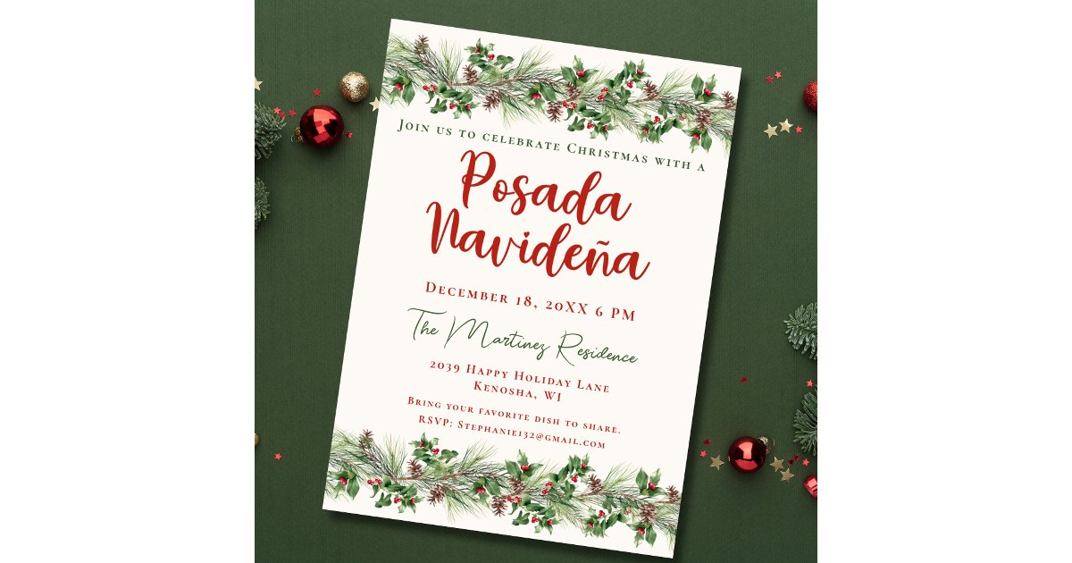 Christmas Greenery Festive Mexican Posada Navideña Invitation | Zazzle
