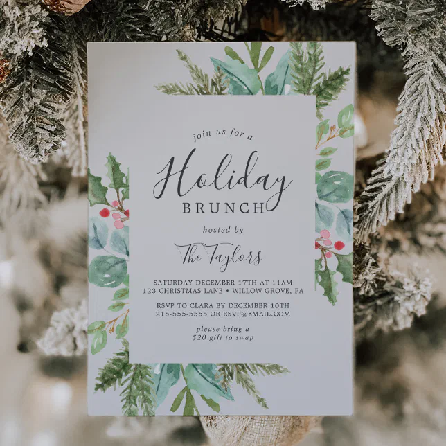 Christmas Greenery Holiday Brunch | Gray Invitation | Zazzle