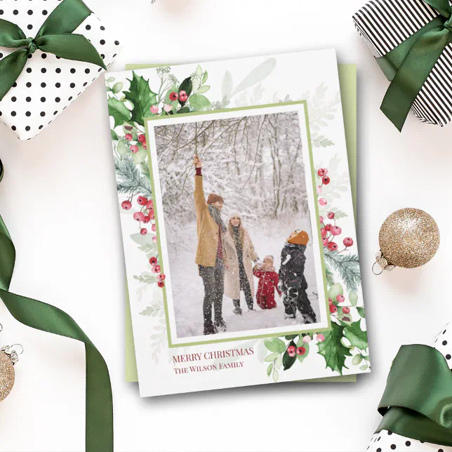 Christmas Greenery Photo Holiday Card | Zazzle