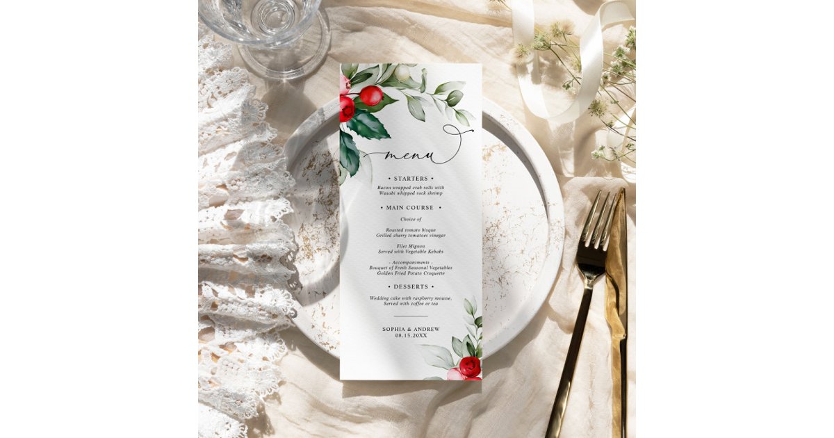 Christmas Greenery & Red Berries Wedding Menu | Zazzle