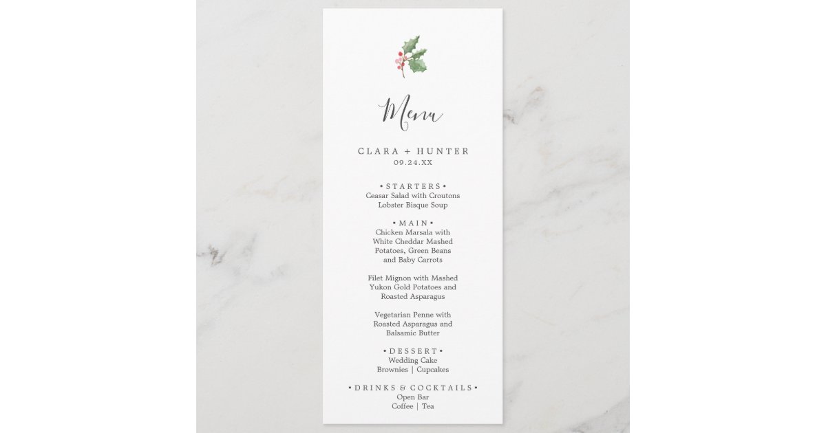Christmas Greenery & Red Berry Wedding Dinner Menu | Zazzle