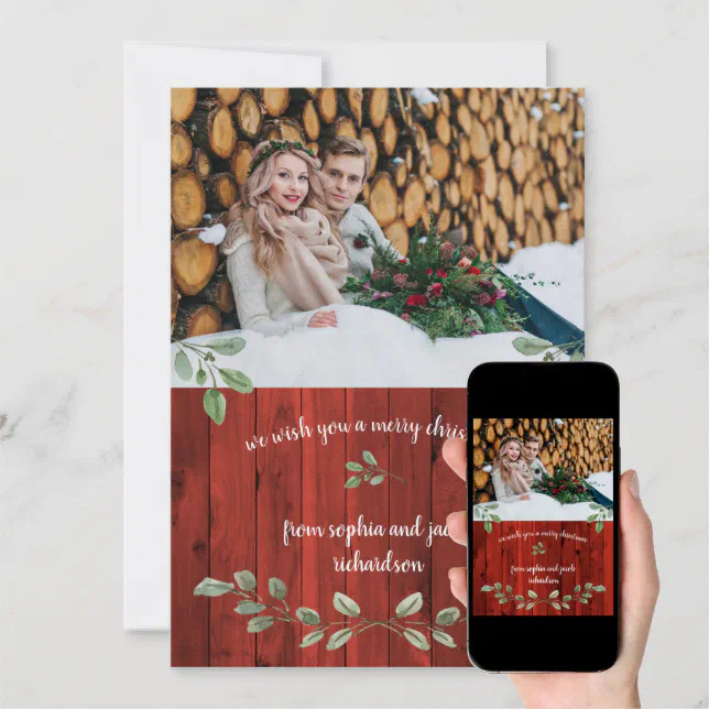 Christmas Greenery | Rustic Red Wood Multi Photo Holiday Card | Zazzle