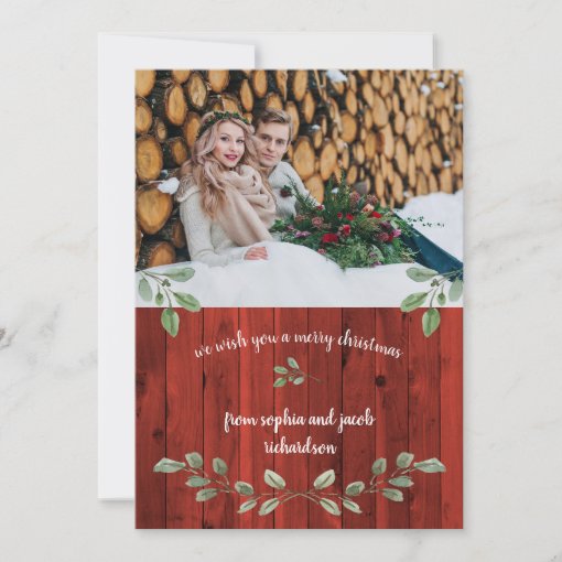 Christmas Greenery | Rustic Red Wood Multi Photo Holiday Card | Zazzle