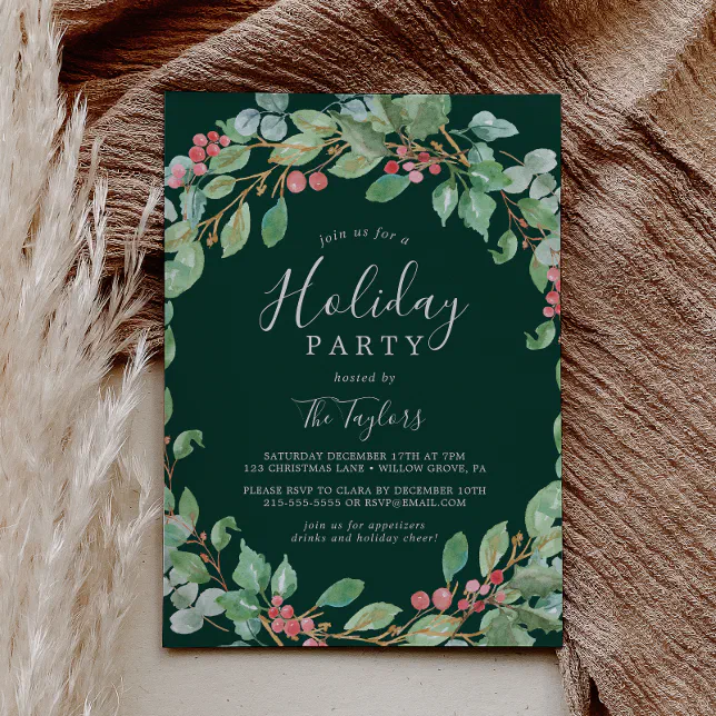 Christmas Greenery Wreath Holiday Party Invitation | Zazzle