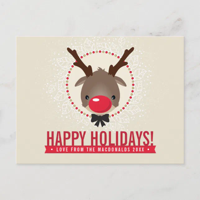 CHRISTMAS GREETING red nose reindeer rudolph gold Holiday Postcard | Zazzle