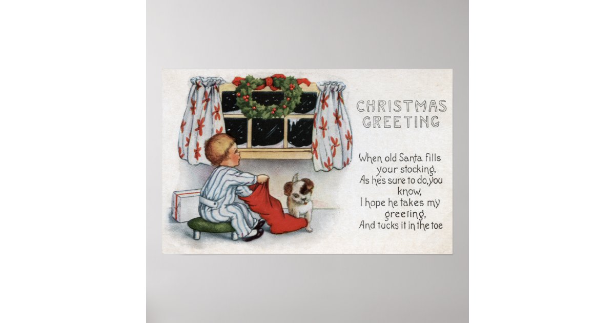 Christmas GreetingBoy Digging in Stocking Poster | Zazzle