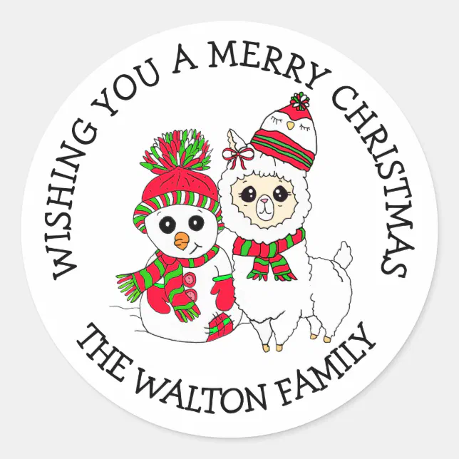 Christmas Greetings Winter Llama and Snowman Classic Round Sticker | Zazzle