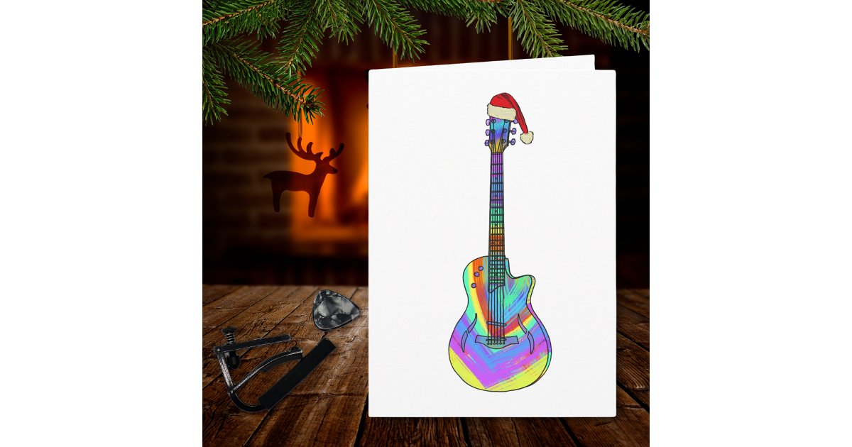 Christmas Guitar Wearing a Santa Hat Card | Zazzle