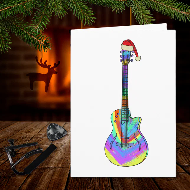 Christmas Guitar Wearing a Santa Hat Card | Zazzle