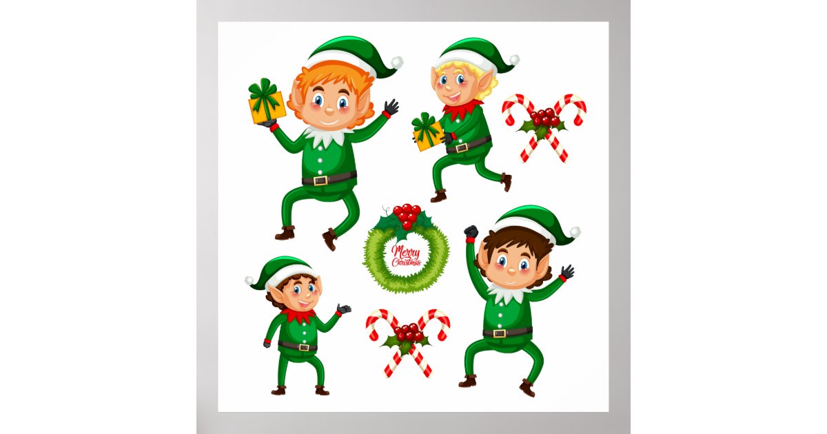 Christmas Happy Elf with Gift Pattern Poster | Zazzle