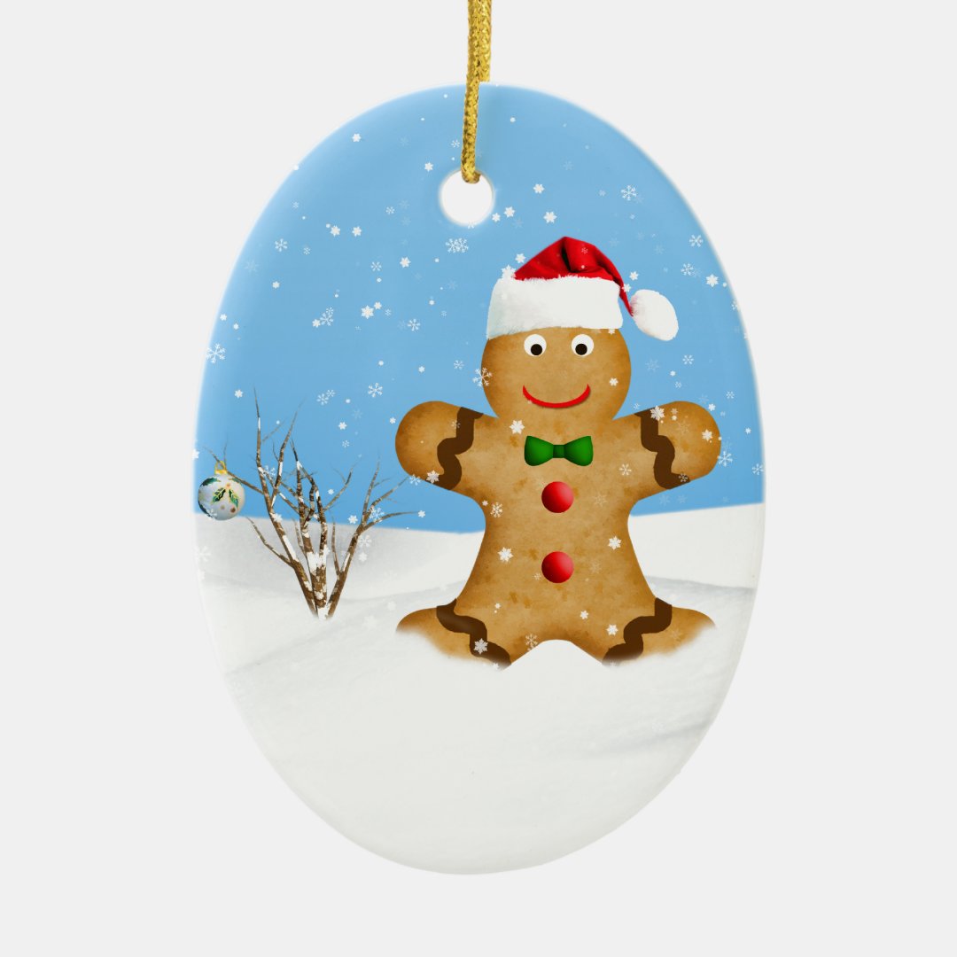 Christmas, Happy Gingerbread Man in Snow Ceramic Ornament | Zazzle