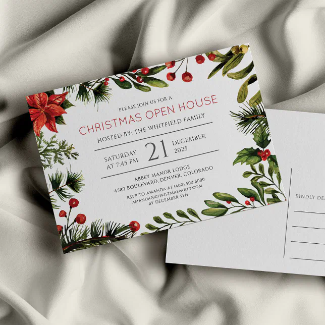 Christmas Holiday Berries Greenery Watercolor Invitation Postcard | Zazzle