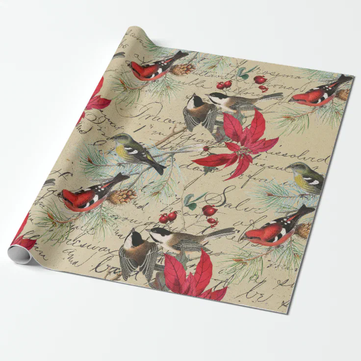 Christmas Holiday Bird and Red Poinsettia Wrapping Paper | Zazzle