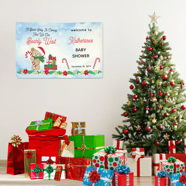Christmas Holiday Boy Bear Bearly Wait Baby Shower Banner | Zazzle