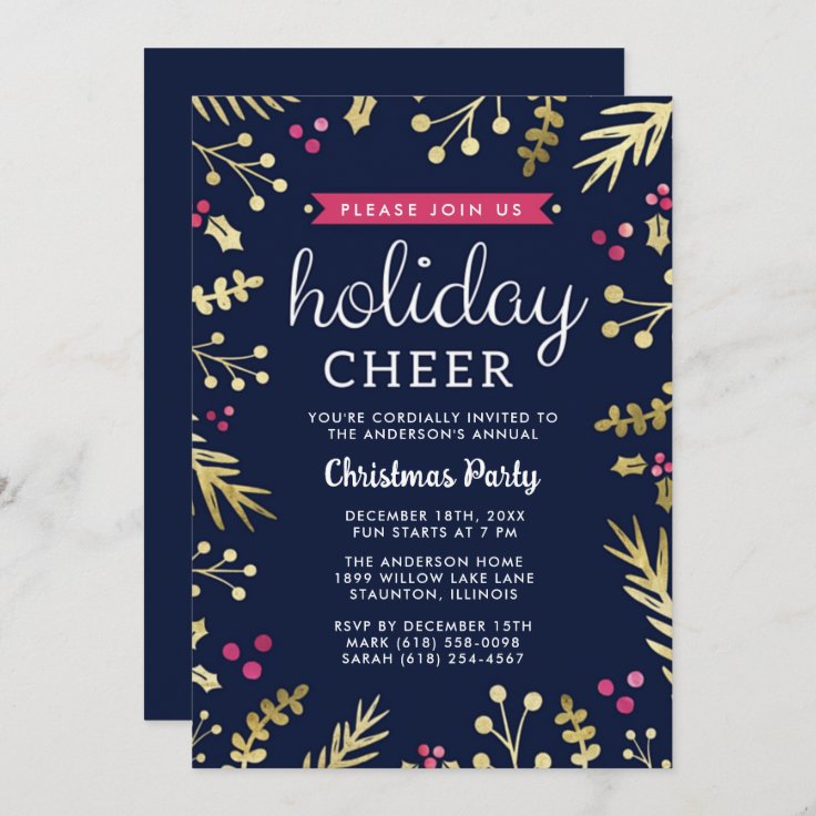 Christmas Holiday Cheer Navy Blue Party Invitation | Zazzle