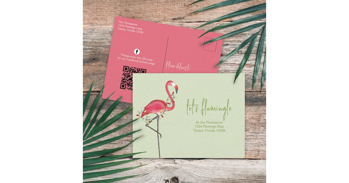 Christmas Holiday Flamingo QR Code Social Media Postcard | Zazzle