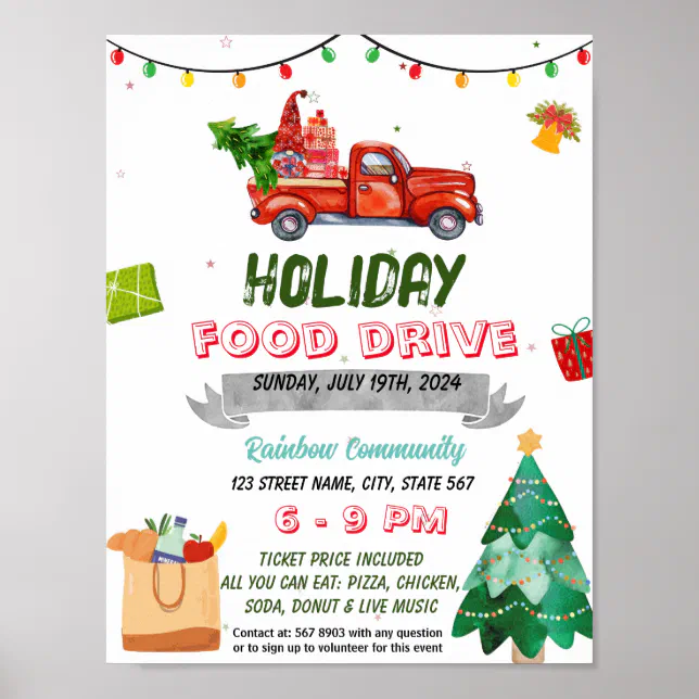 Christmas holiday food Drive event template Poster | Zazzle