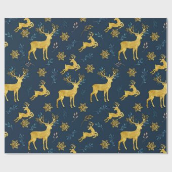 Christmas Holiday - Gold Deer on Navy Background Wrapping Paper | Zazzle