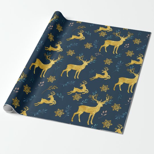 Christmas Holiday - Gold Deer on Navy Background Wrapping Paper ...
