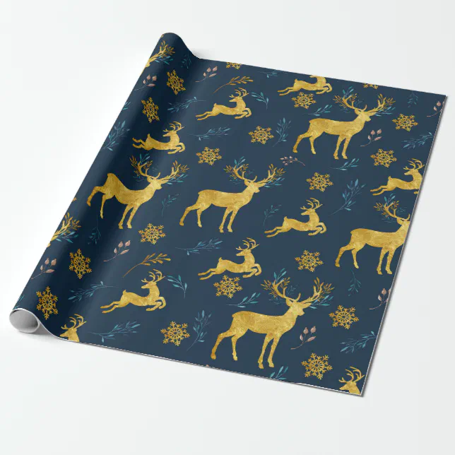 Christmas Holiday - Gold Deer on Navy Background Wrapping Paper | Zazzle