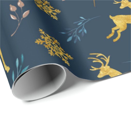 Christmas Holiday - Gold Deer on Navy Background Wrapping Paper | Zazzle