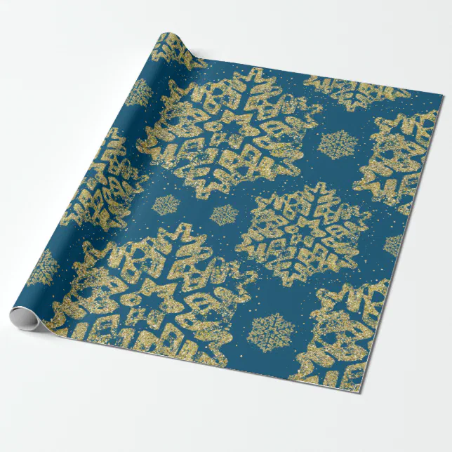 Christmas Holiday Gold Glitter Snowflake Navy Blue Wrapping Paper | Zazzle