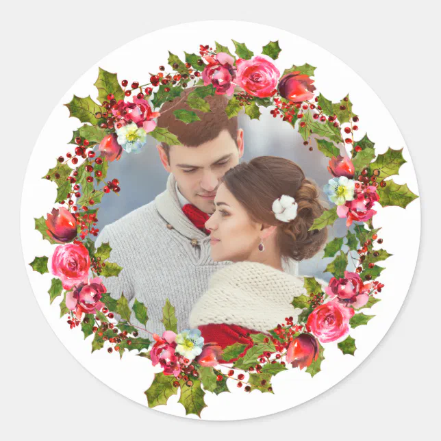 Christmas Holiday Holly Wreath and Photo Sticker | Zazzle