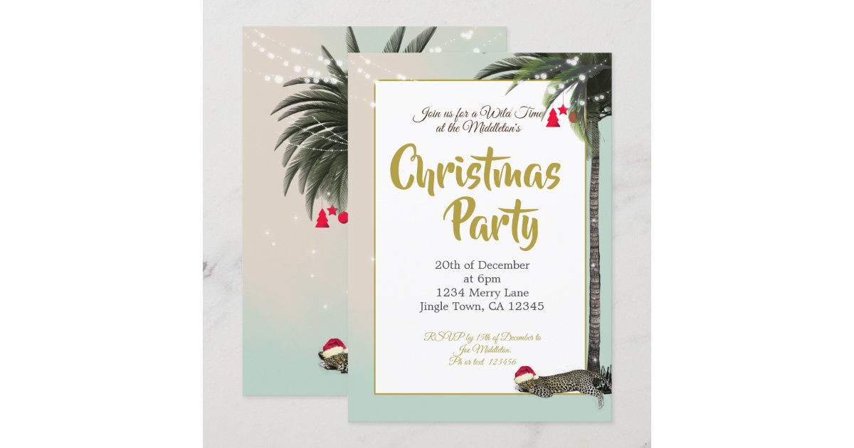 Christmas Holiday Leopard Palm String Lights Invitation | Zazzle