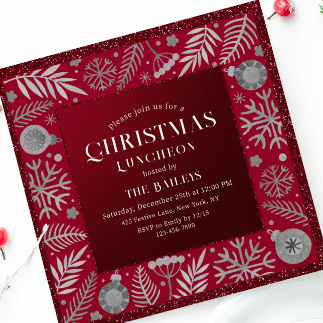 Christmas Holiday Luncheon Glitter Winter Floral Invitation | Zazzle