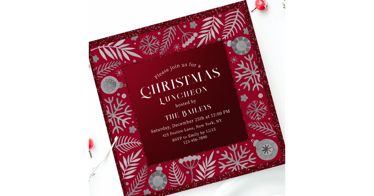 Christmas Holiday Luncheon Glitter Winter Floral Invitation | Zazzle