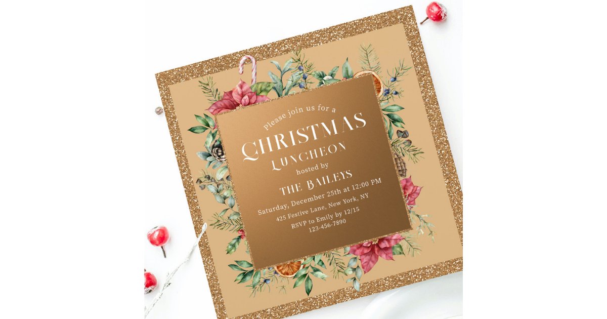 Christmas Holiday Luncheon Glitter Winter Floral Invitation | Zazzle