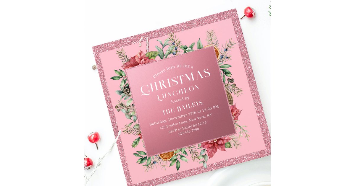 Christmas Holiday Luncheon Glitter Winter Floral Invitation | Zazzle