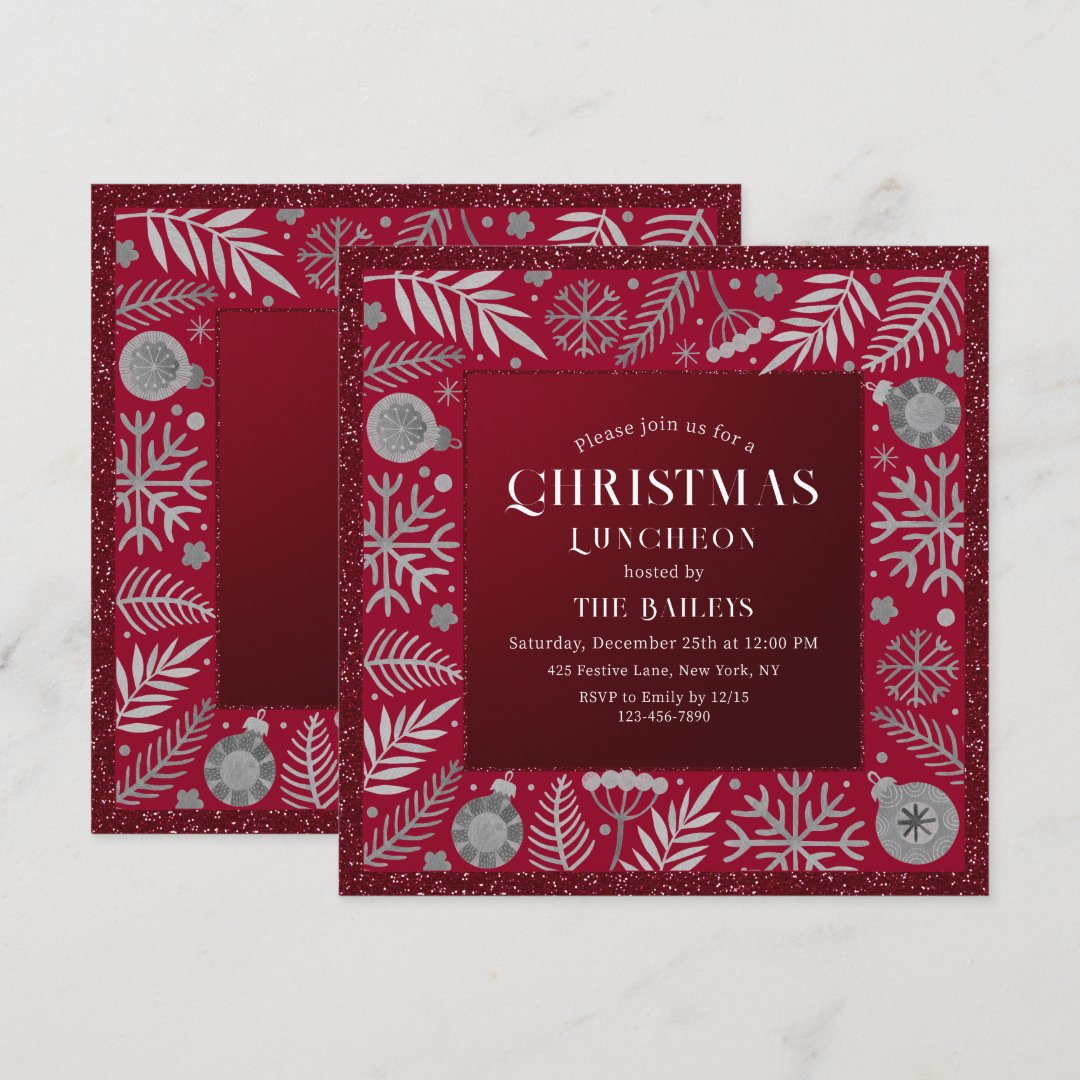 Christmas Holiday Luncheon Glitter Winter Floral Invitation | Zazzle