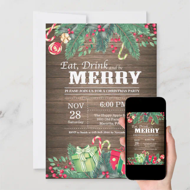 Christmas Holiday Party Invitation Rustic Wood | Zazzle