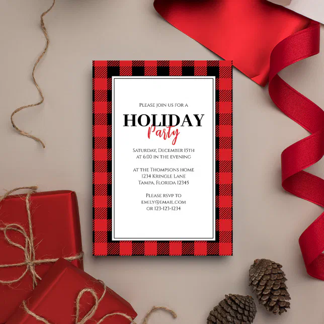 Christmas Holiday Party Rustic Red Buffalo Plaid Invitation | Zazzle