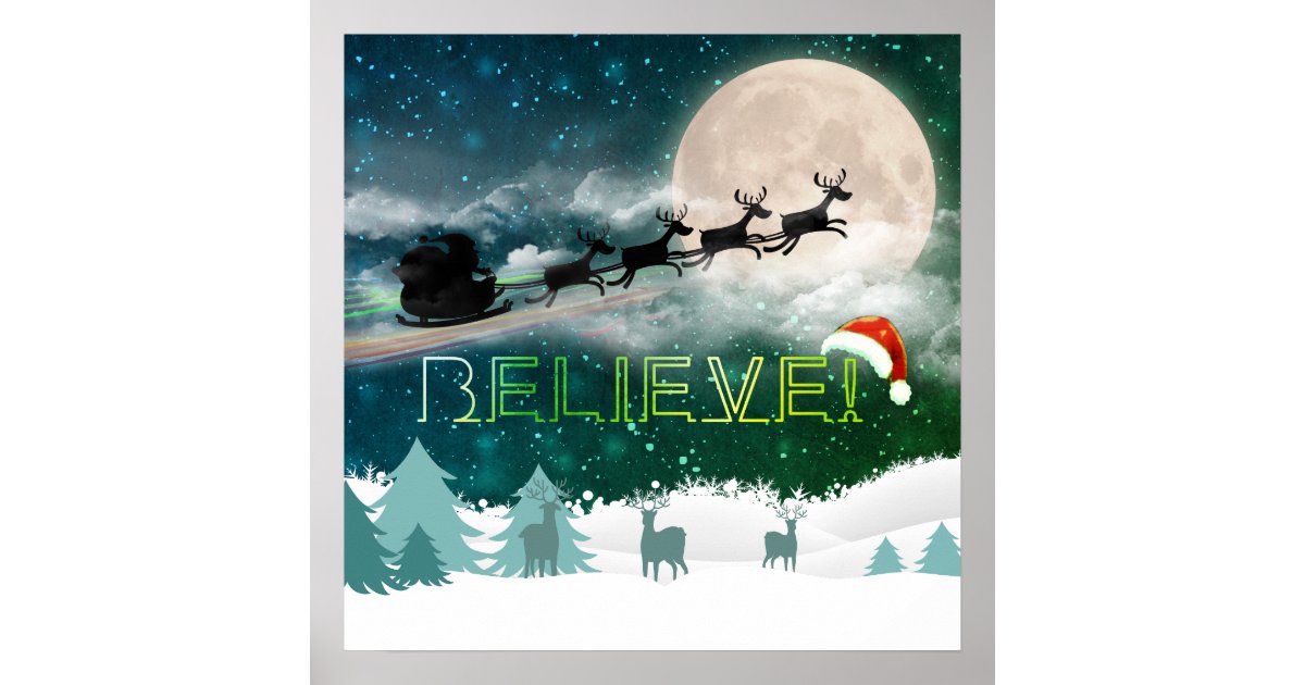 Christmas Holiday Party Santa Hat Reindeer Sleigh Poster | Zazzle