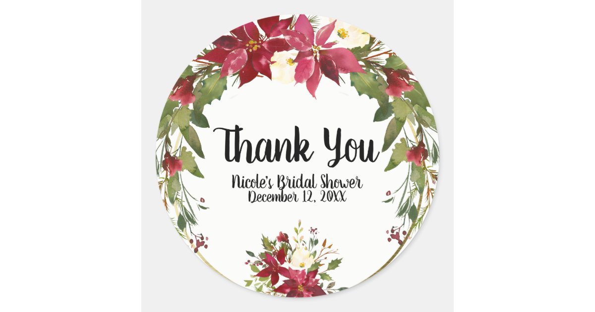 Christmas Holiday Poinsettia Flower Winter Floral Classic Round Sticker ...
