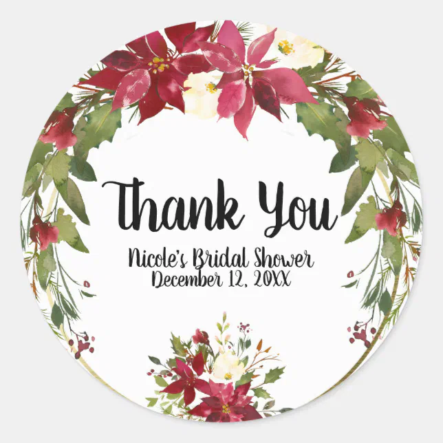 Christmas Holiday Poinsettia Flower Winter Floral Classic Round Sticker ...
