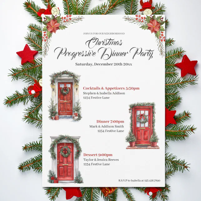 Christmas Holiday Progressive Dinner Red Doors Invitation | Zazzle
