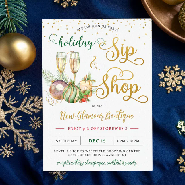 Christmas Holiday Sip and Shop Champagne Shop Sale Invitation | Zazzle