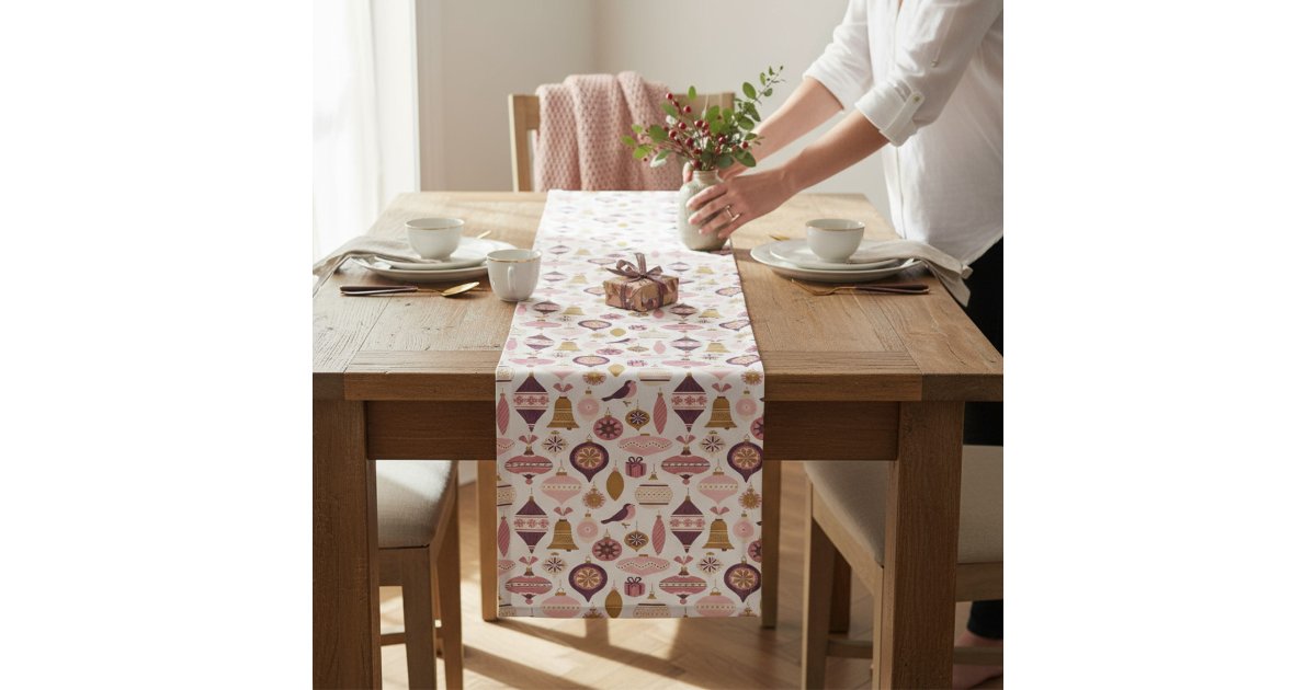 Christmas Holiday Vintage Retro Decorations Bauble Short Table Runner ...
