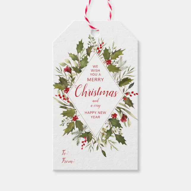 Christmas Holiday Watercolor Vintage Holly Wreath Gift Tags | Zazzle