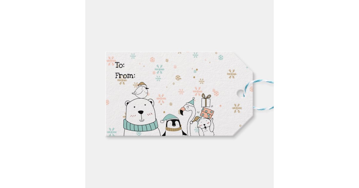 Christmas Holiday Winter Doodle Animals Gift Tags | Zazzle