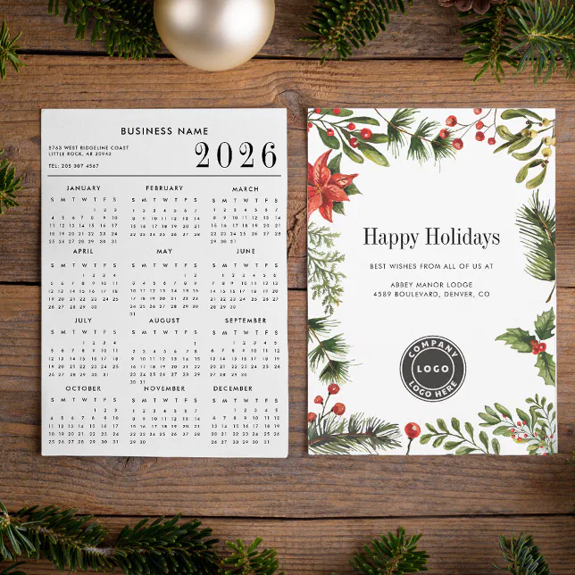Christmas Holidays Business Logo and 2026 Calendar Holiday Card | Zazzle