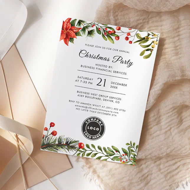 Christmas Holidays Party with Business Logo Invitation | Zazzle