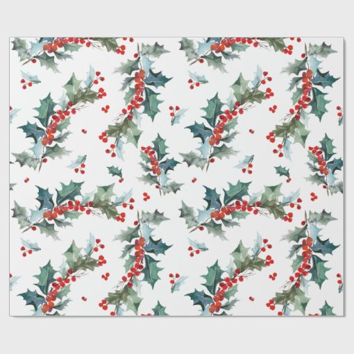 Christmas Holly and Berries Pattern Wrapping Paper | Zazzle