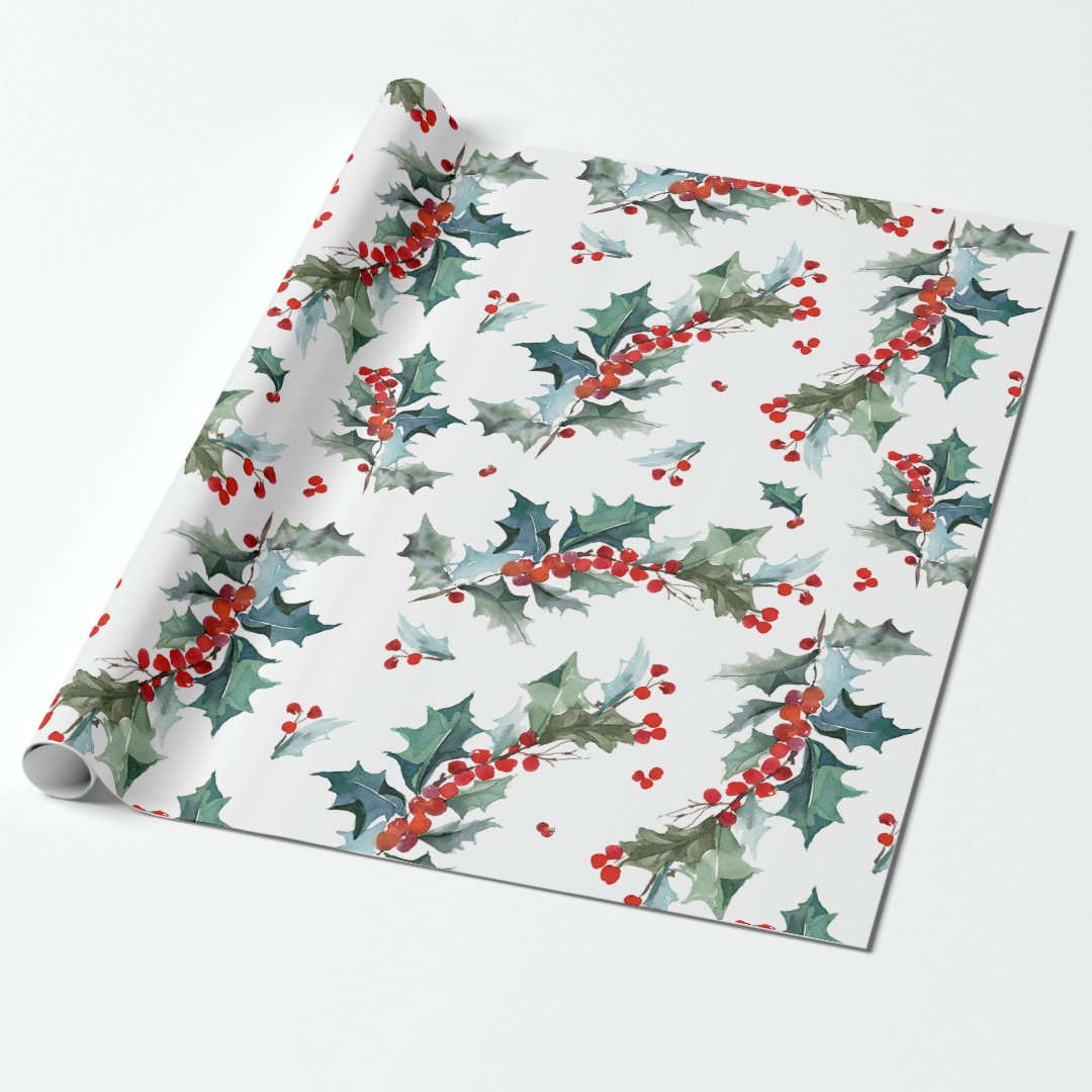 Christmas Holly and Berries Pattern Wrapping Paper | Zazzle