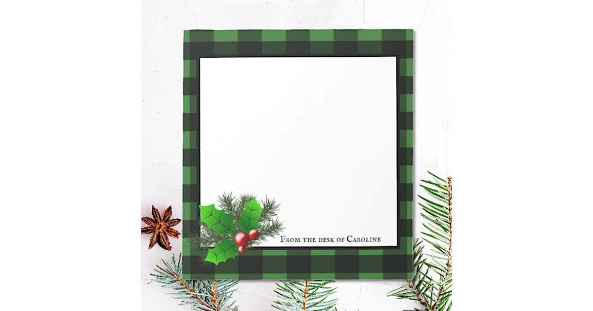 Christmas Holly Buffalo Plaid | Green Personalized Notepad | Zazzle